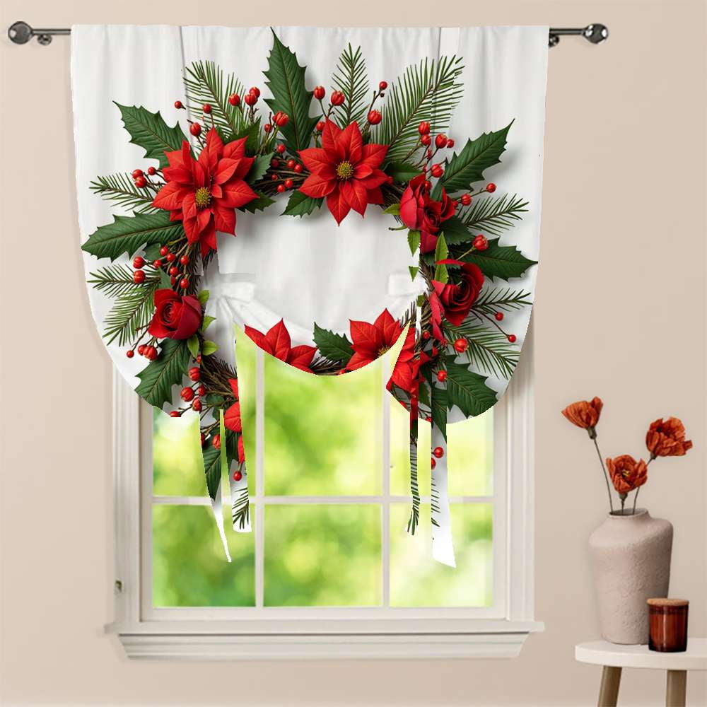 Christmas Wreath Red Floral Arrangement Window Curtain for Living Room ...