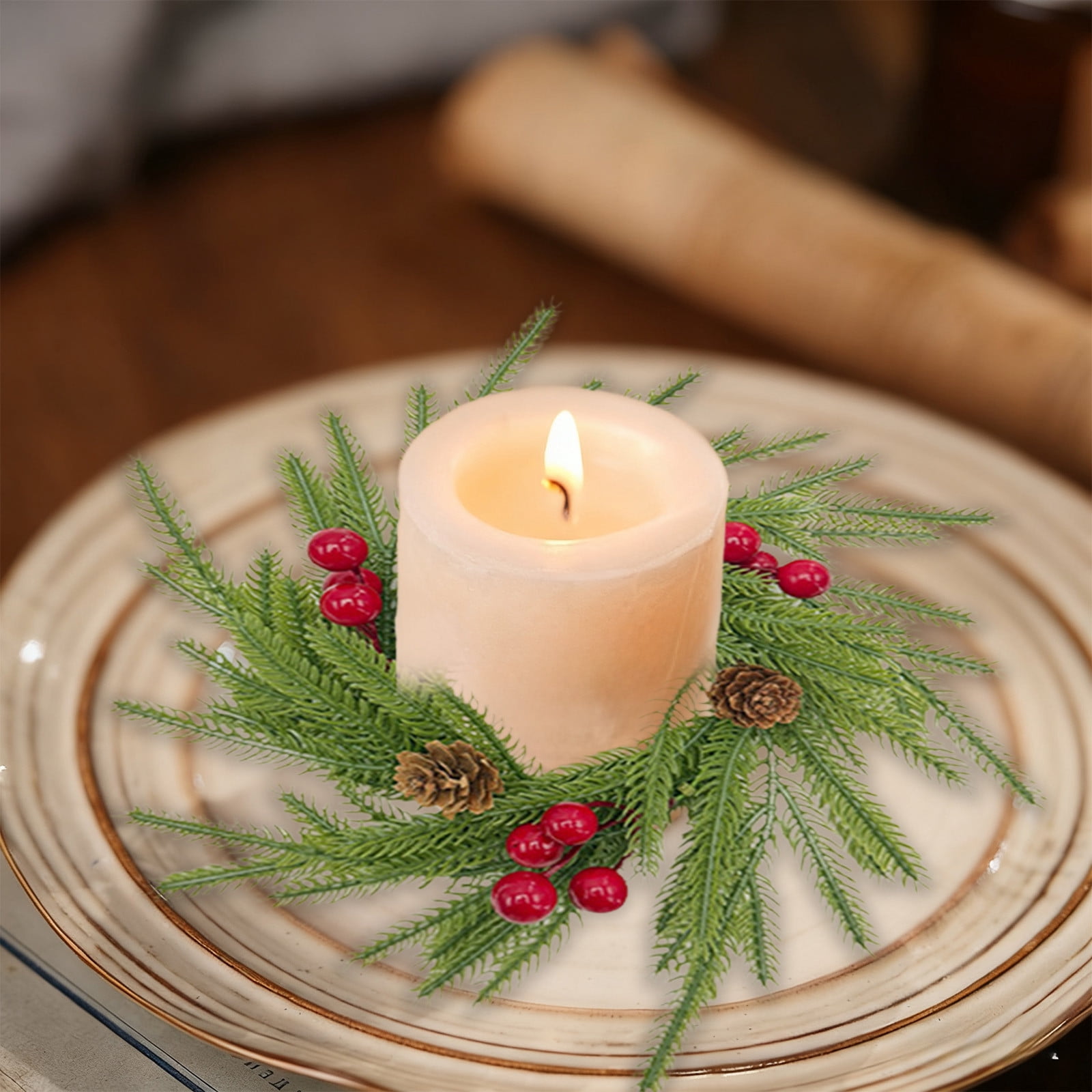 Christmas Wreath Ring | Artificial Green Plastic Candleholder & Wine ...