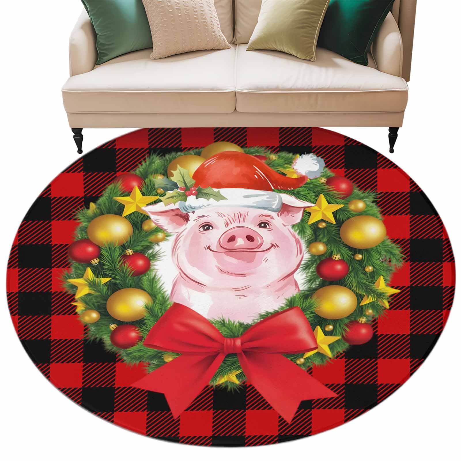 Christmas Wreath Round Area Rug 5ft Pig Bow Animal Red Check Winter ...