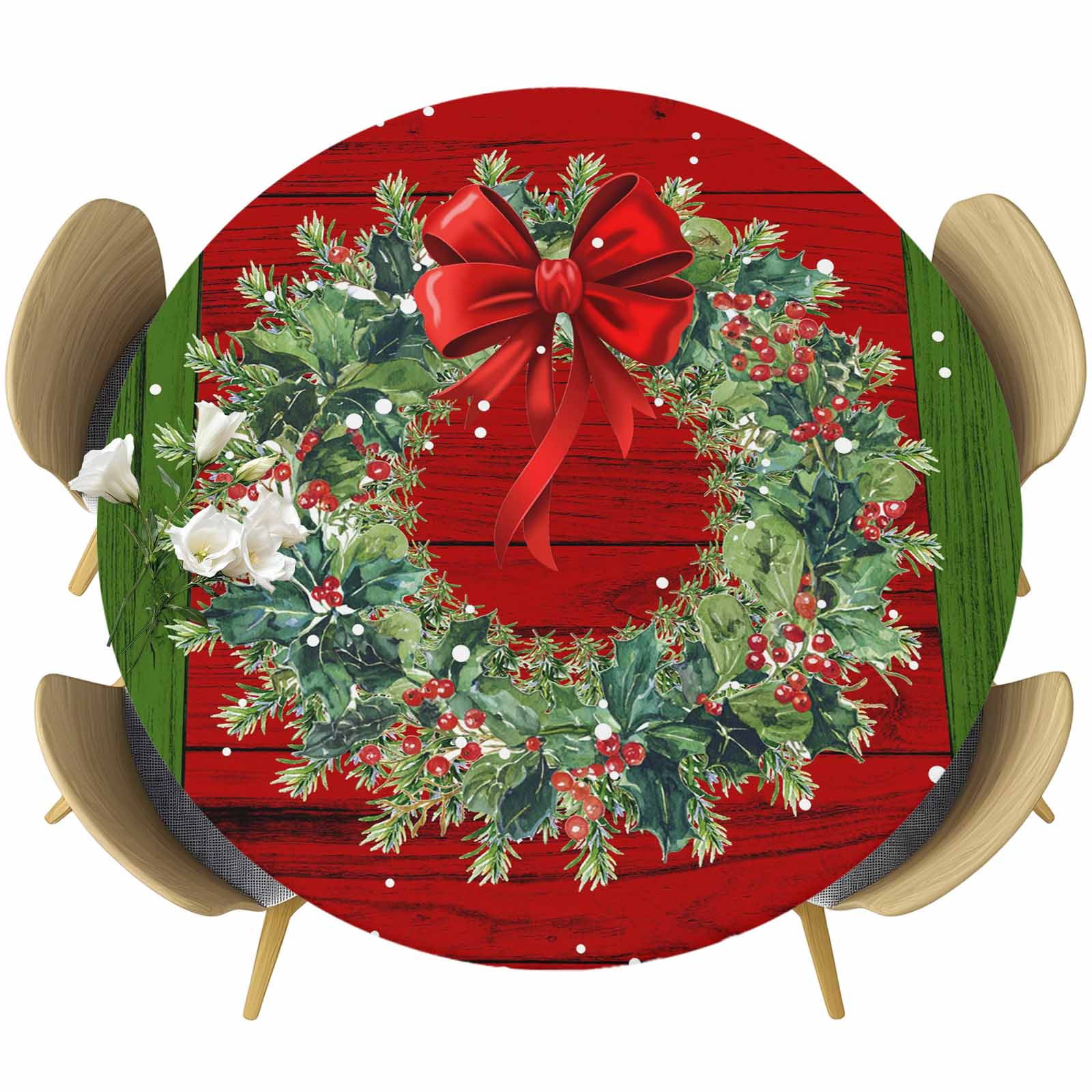 Christmas Wreath Round Tablecloth, Fitted Table Cover with Elastic for ...
