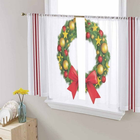 Christmas Wreath Sheer Curtains 45 Inches Long, Farmhouse Simple Line ...