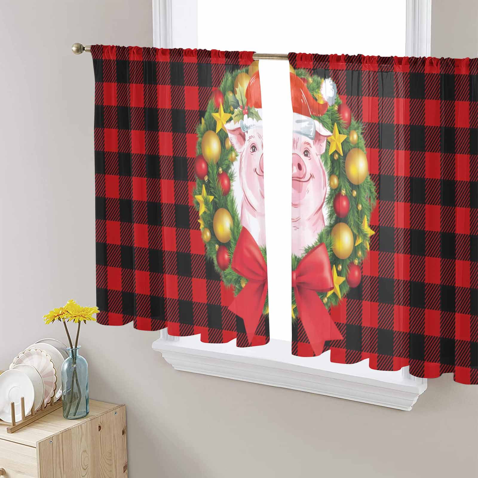 Christmas Wreath Sheer Curtains 45 Inches Long, Funny Pig Xmas Red ...