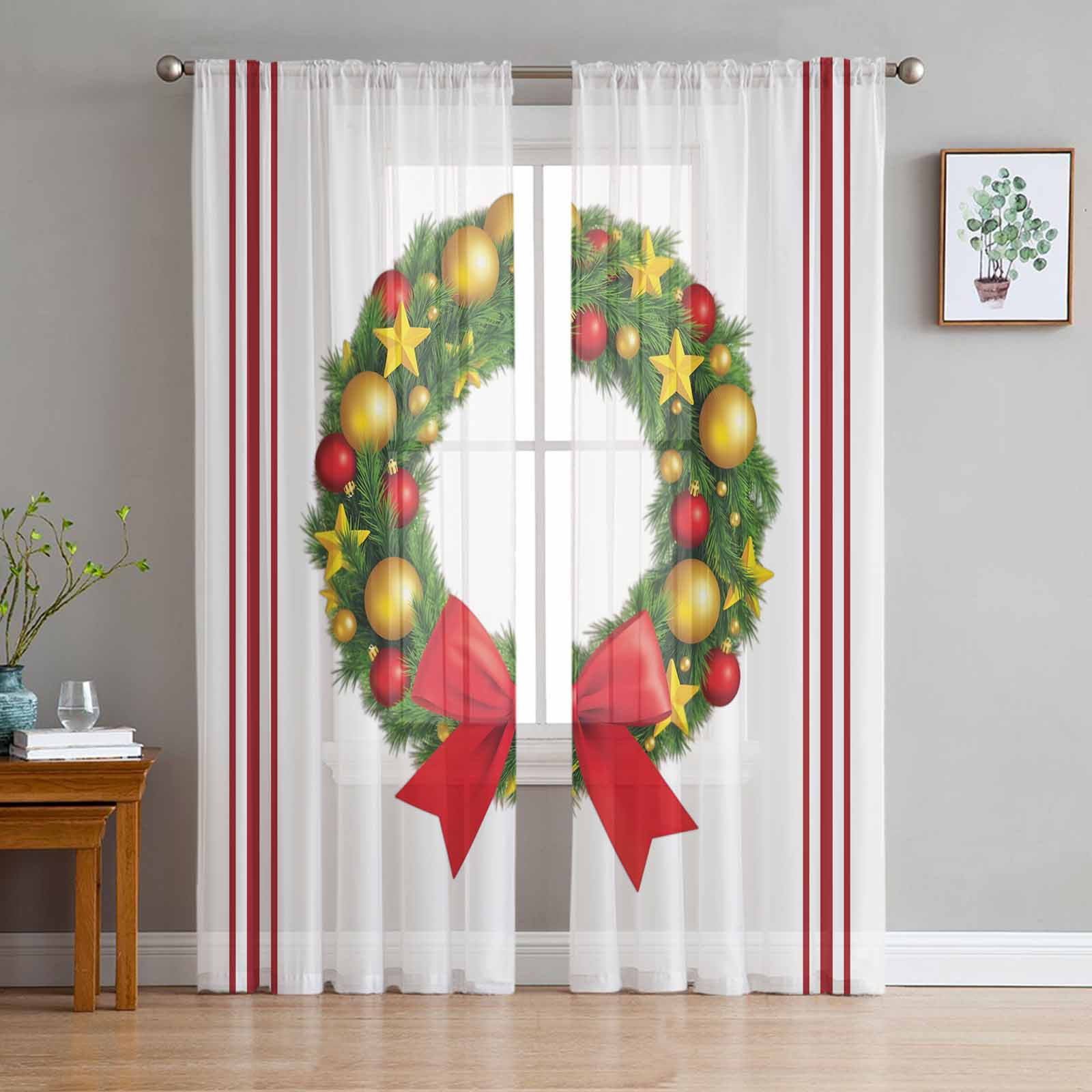 Christmas Wreath Sheer Curtains 84 Inches Long, Farmhouse Simple Line ...