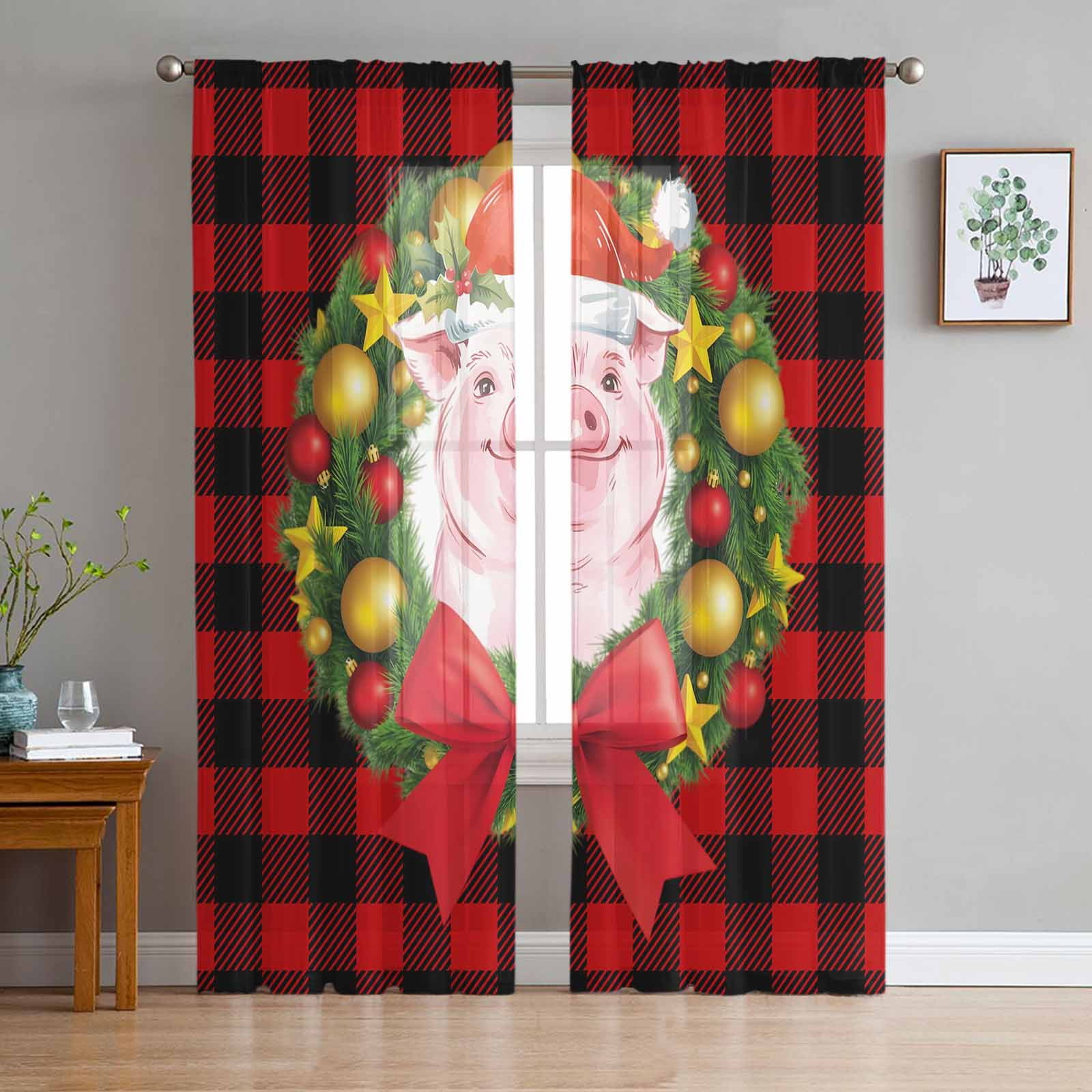 Christmas Wreath Sheer Curtains 84 Inches Long, Funny Pig Xmas Red ...