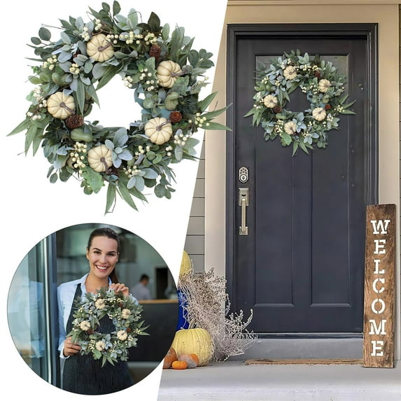 Christmas Wreath,Stand Alone Autumn White Pumpkin Wreath Home ...