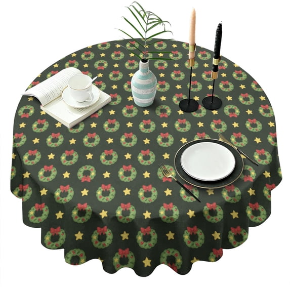 Christmas Wreath Star Dark Green Pattern Round Tablecloth, Fits 60-Inch ...