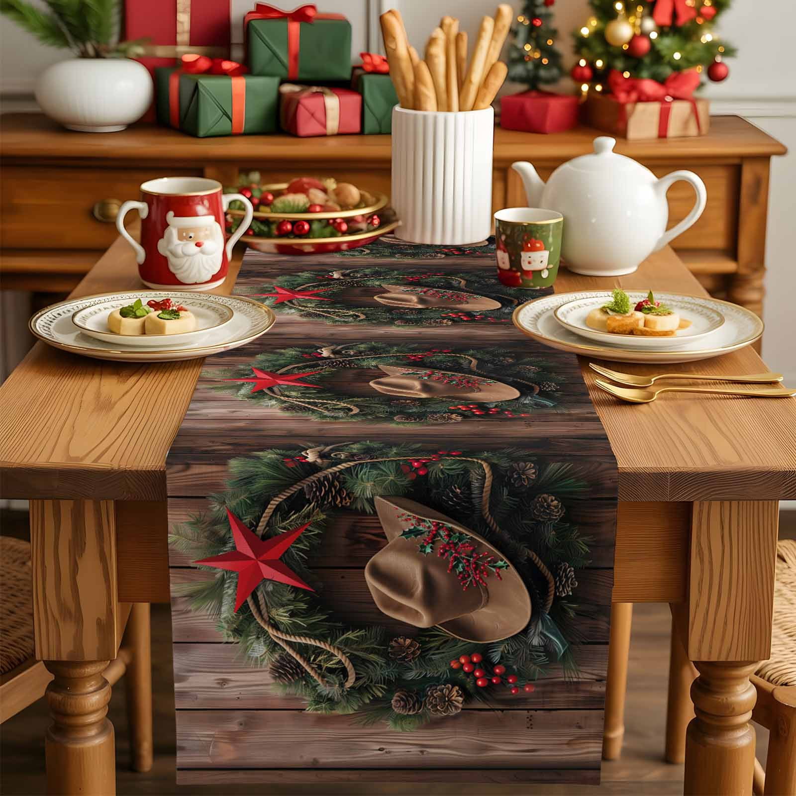 Christmas Wreath Star Western Cowboy Hat Table Runner 13x90in Non-Slip ...