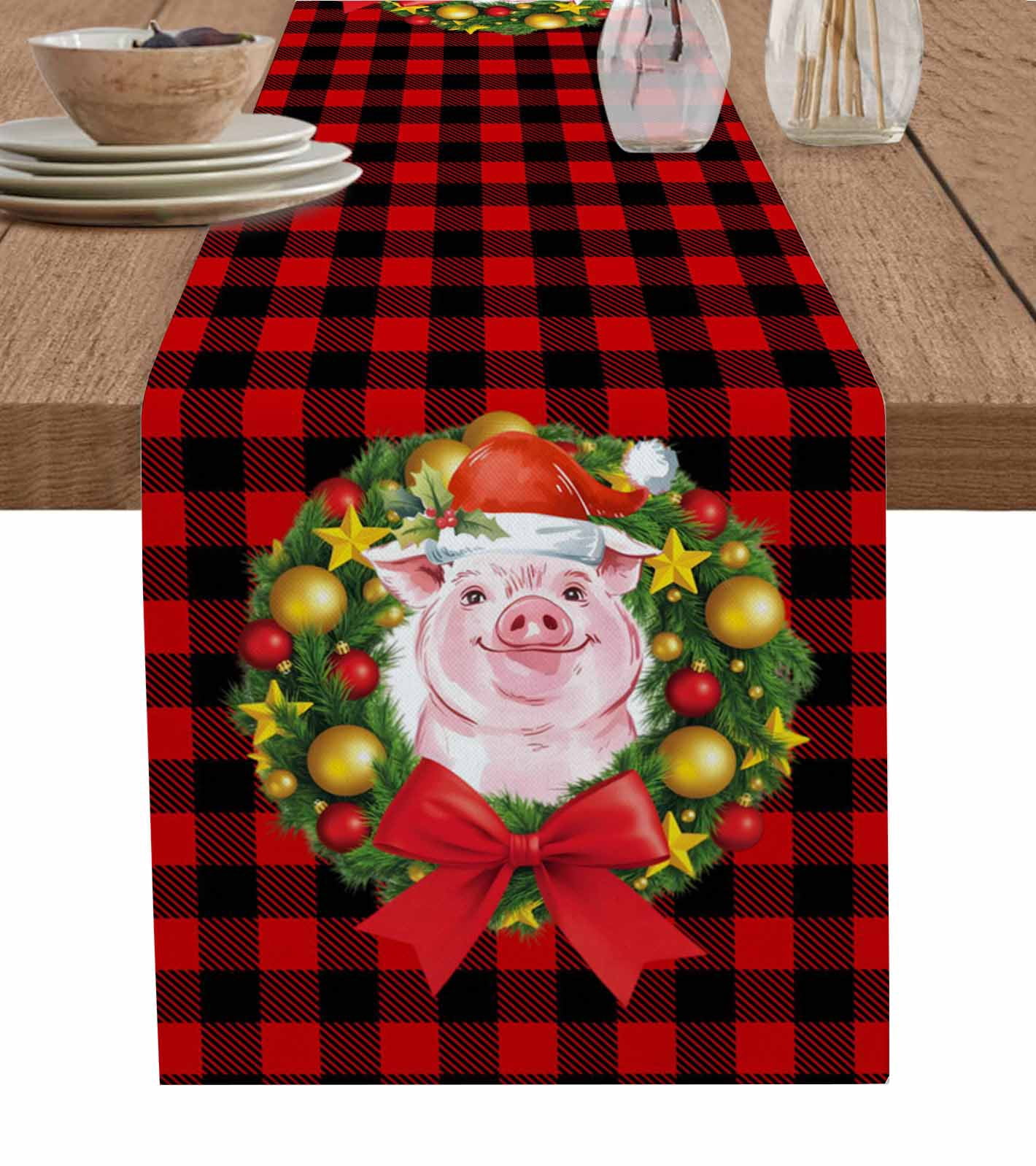 Christmas Wreath Table Runner 36 Inches, Funny Pig Xmas Red Black ...