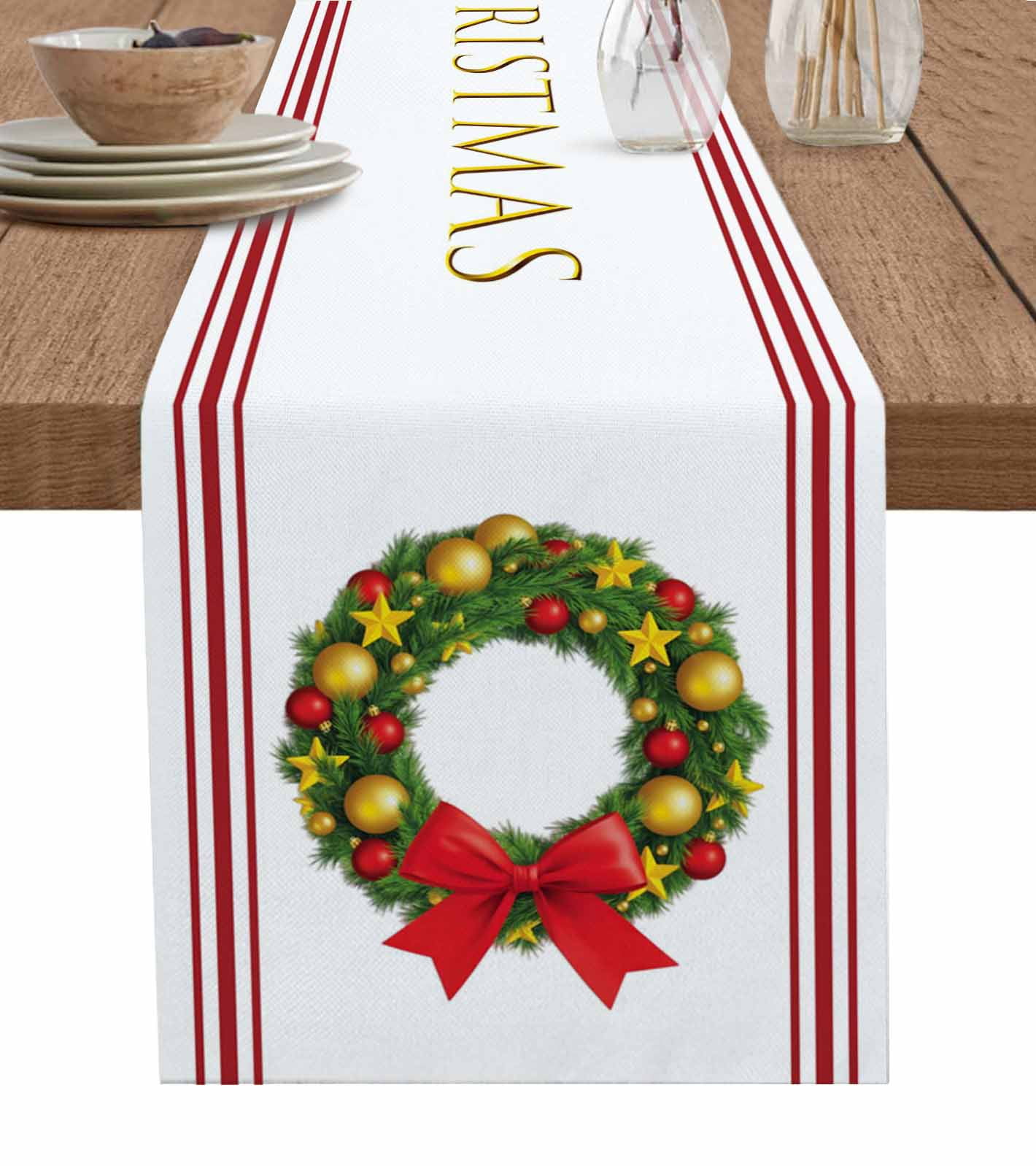 Christmas Wreath Table Runner 60 Inches, Farmhouse Simple Line Xmas Red ...