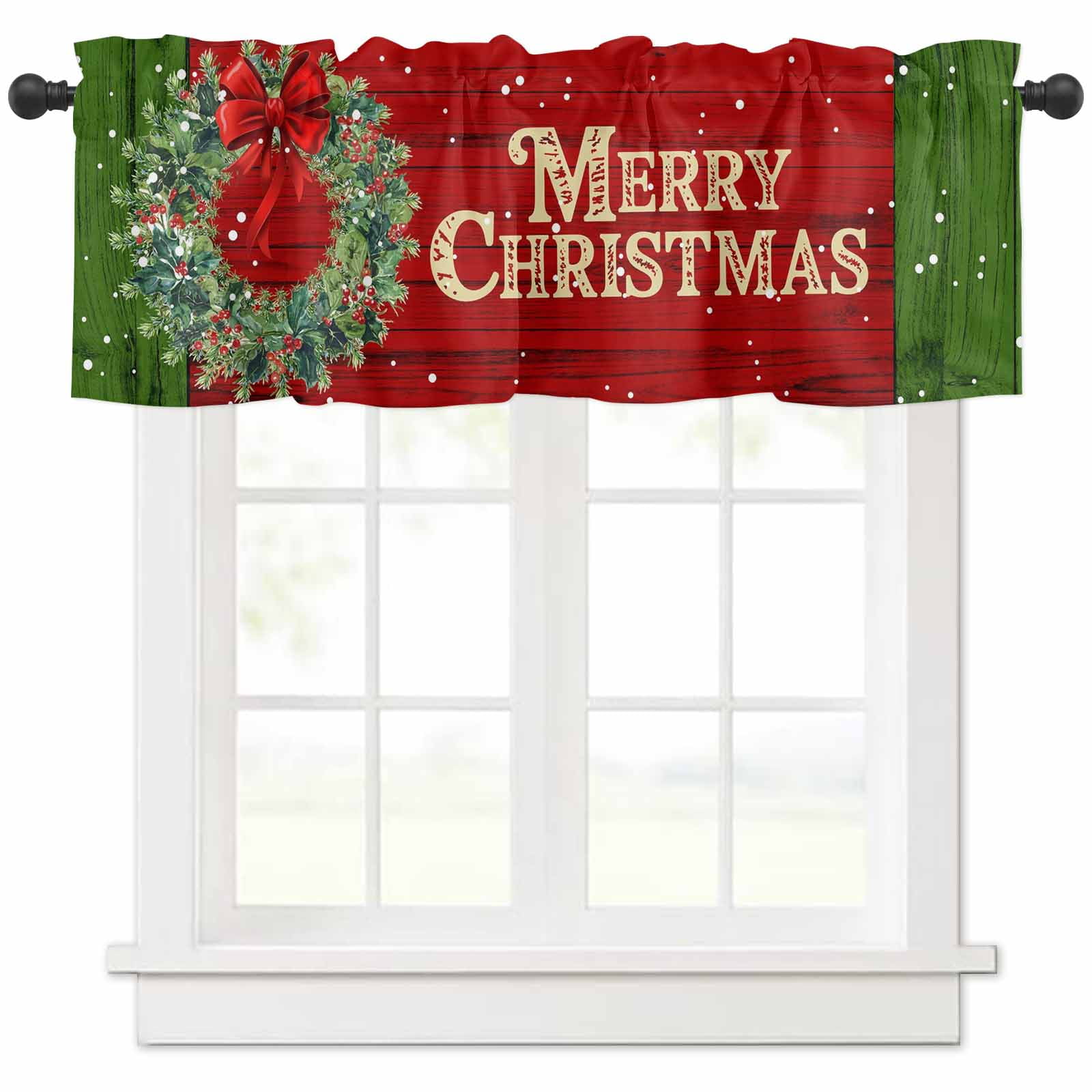 Christmas Wreath Valances for Windows, Red Bowknot Wreath Berry Snow ...