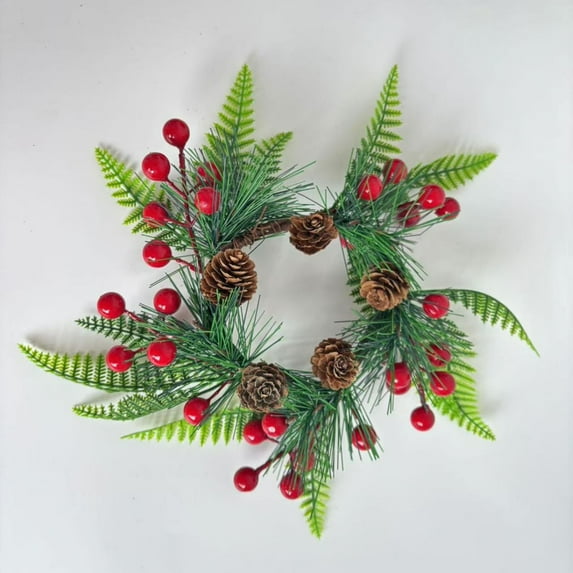 Christmas Wreath with Red Berries and Pinecones, Festive Candle Holder ...