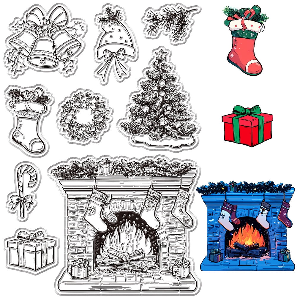 Christmas Wreaths Clear Rubber Stamps Fireplace Bell Presens Candy ...