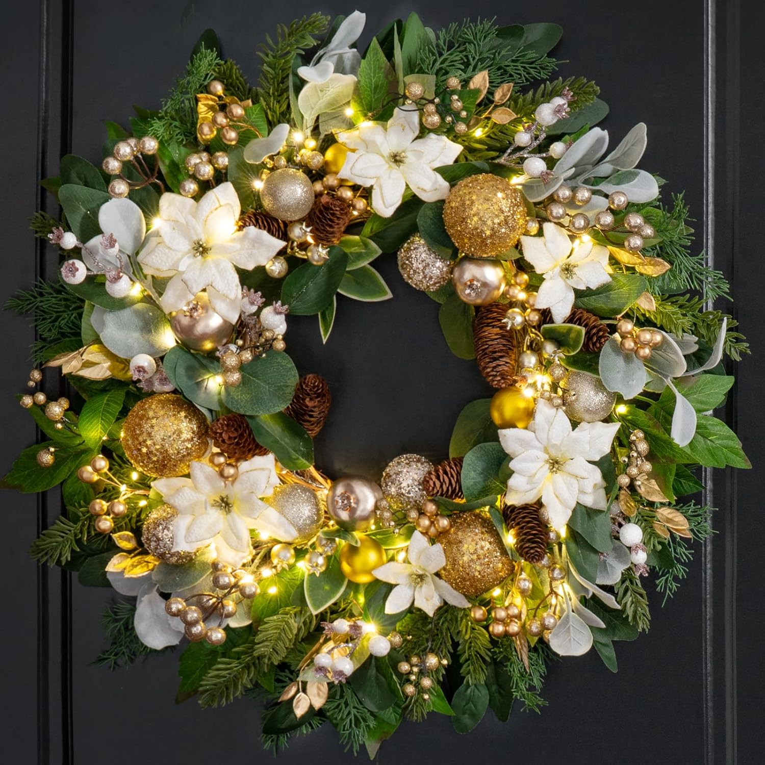 Christmas Wreaths for Front Door with Lights 24 Inch Prelit Christmas ...