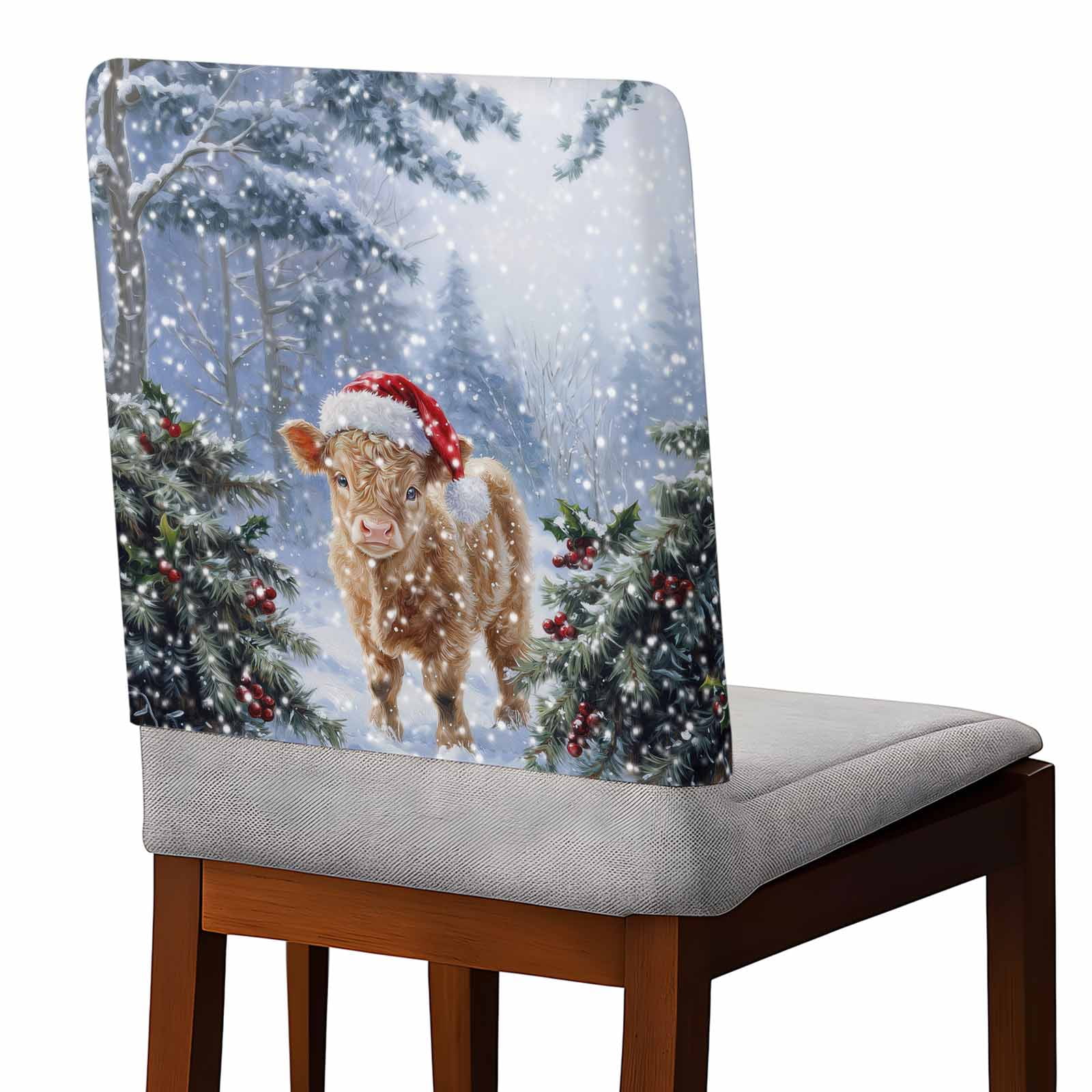 Christmas Xmas Chair Covers Set of 4 Cow Pine Tree Winter Chair Back ...