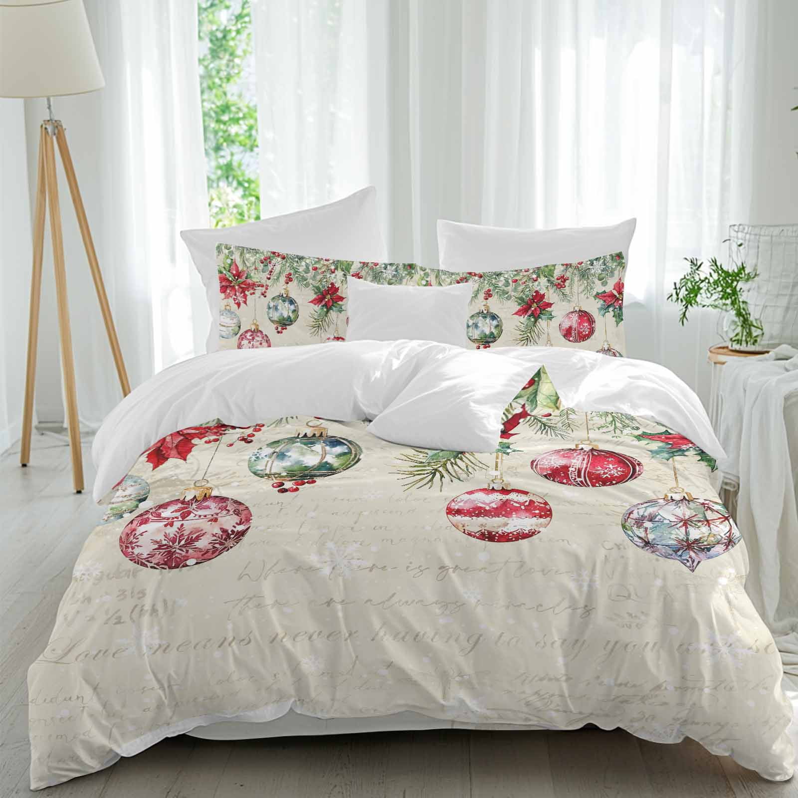 Christmas Xmas Comforter Set Queen Size, Balls Red Poinsettia Berry ...