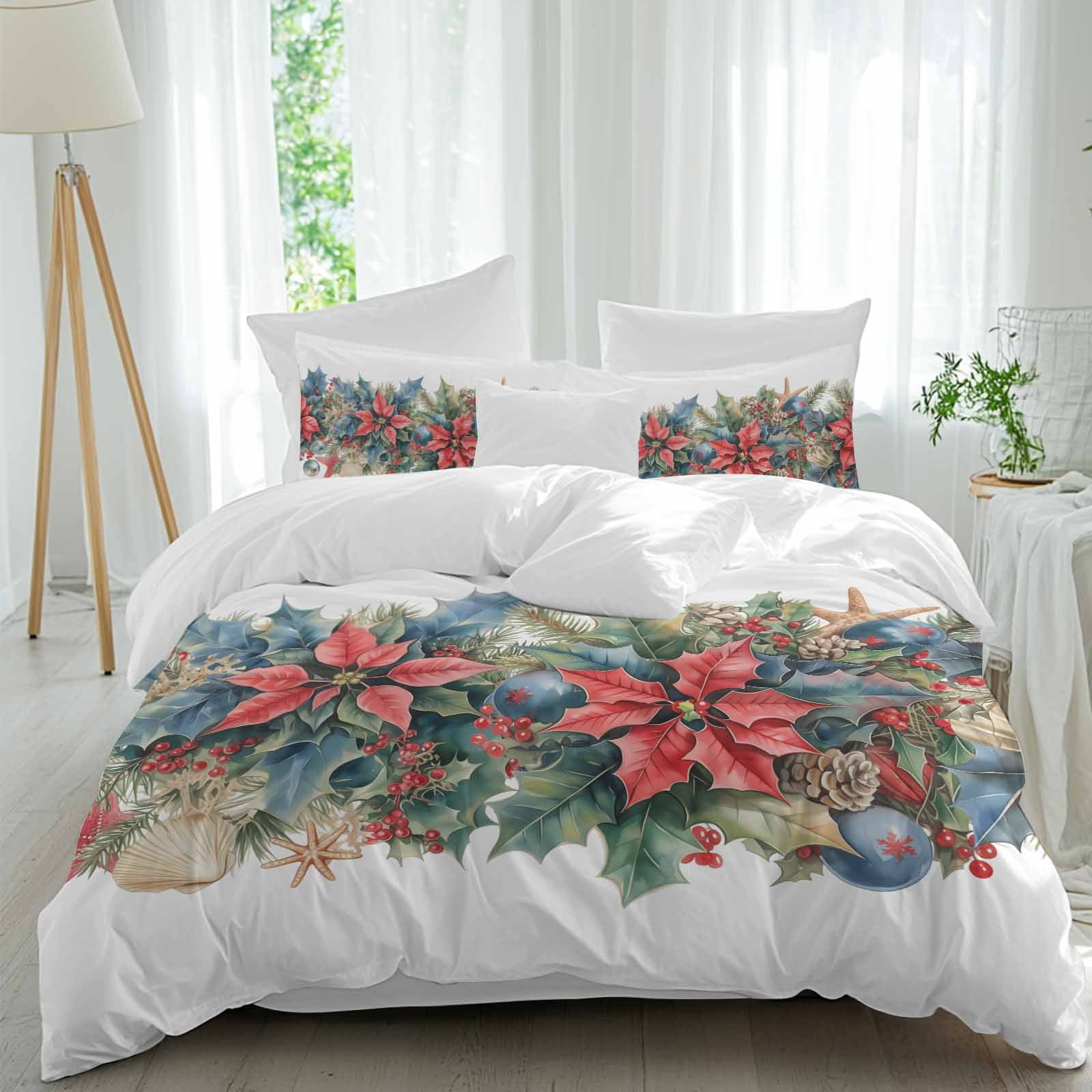 Christmas Xmas Comforter Set Queen Size, Poinsettia Berry Soft Bedding ...