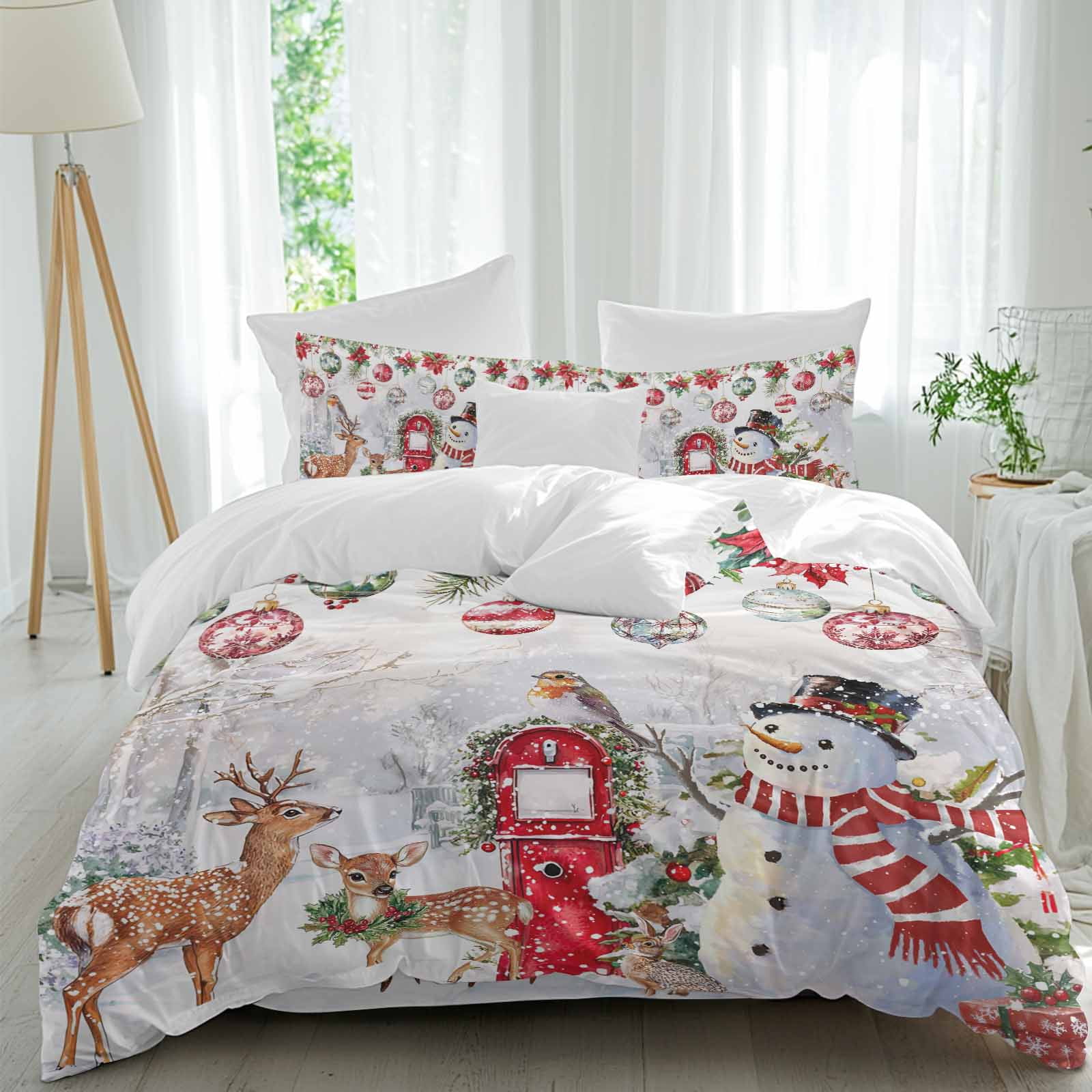 Christmas Xmas Comforter Set Queen Size, Tree Snowman Deer Balls ...