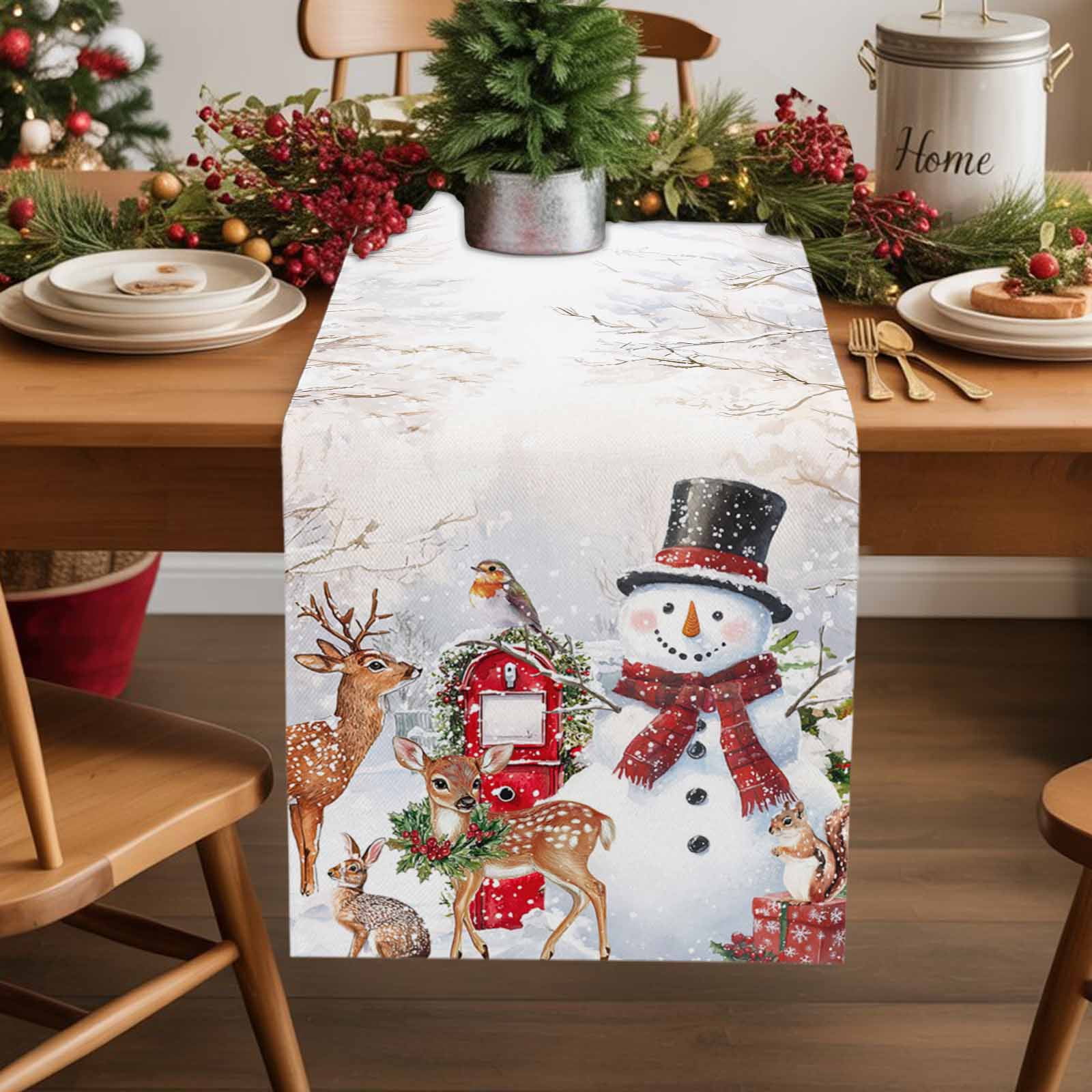 Christmas Xmas Cotton Linen Table Runner Tree Snowman Deer Robin Bird ...
