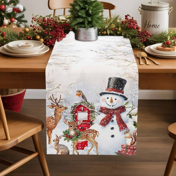 Christmas Xmas Cotton Linen Table Runner Tree Snowman Deer Robin Bird ...