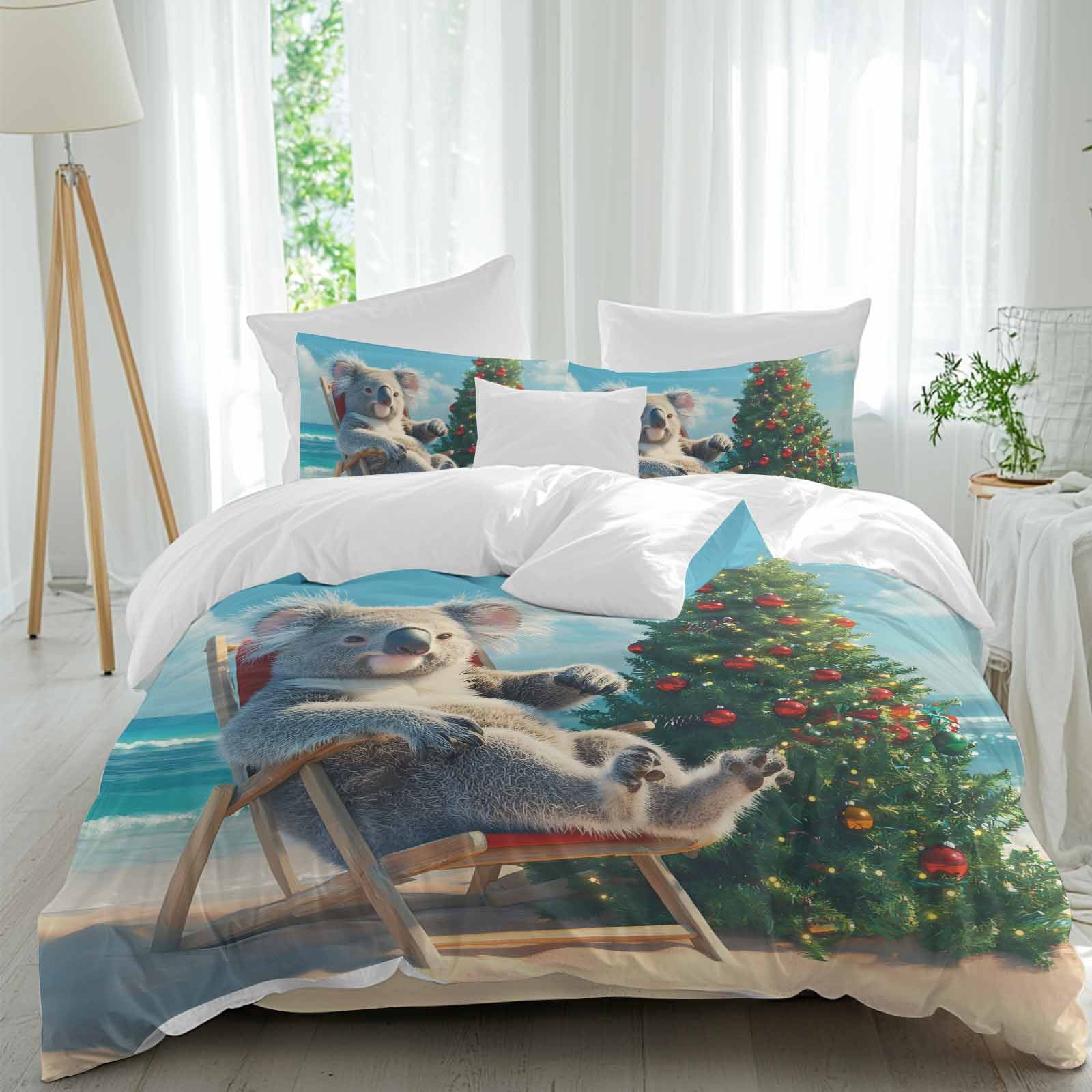Christmas Xmas Duvet Cover Set Queen Size, Tree Star Beach Ocean Koala ...