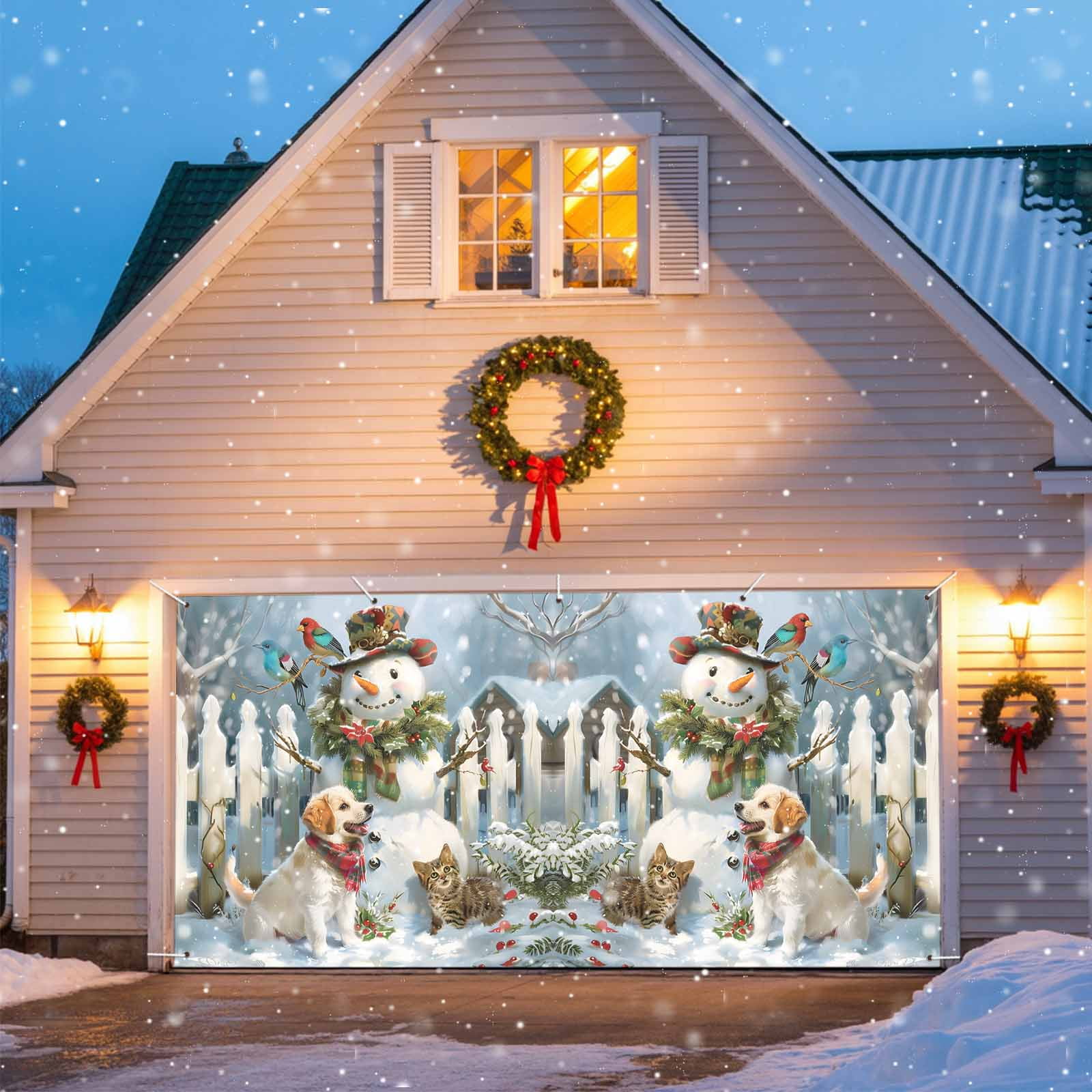 Christmas Xmas Garage Door Banner Covers, Wreath Snowman Animal Dog Cat ...