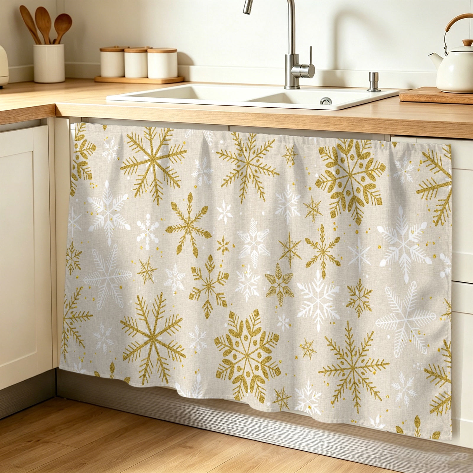 Christmas Yellow Snowflake Cabinet Curtain 32"Wx55"L, Dustproof Pantry ...