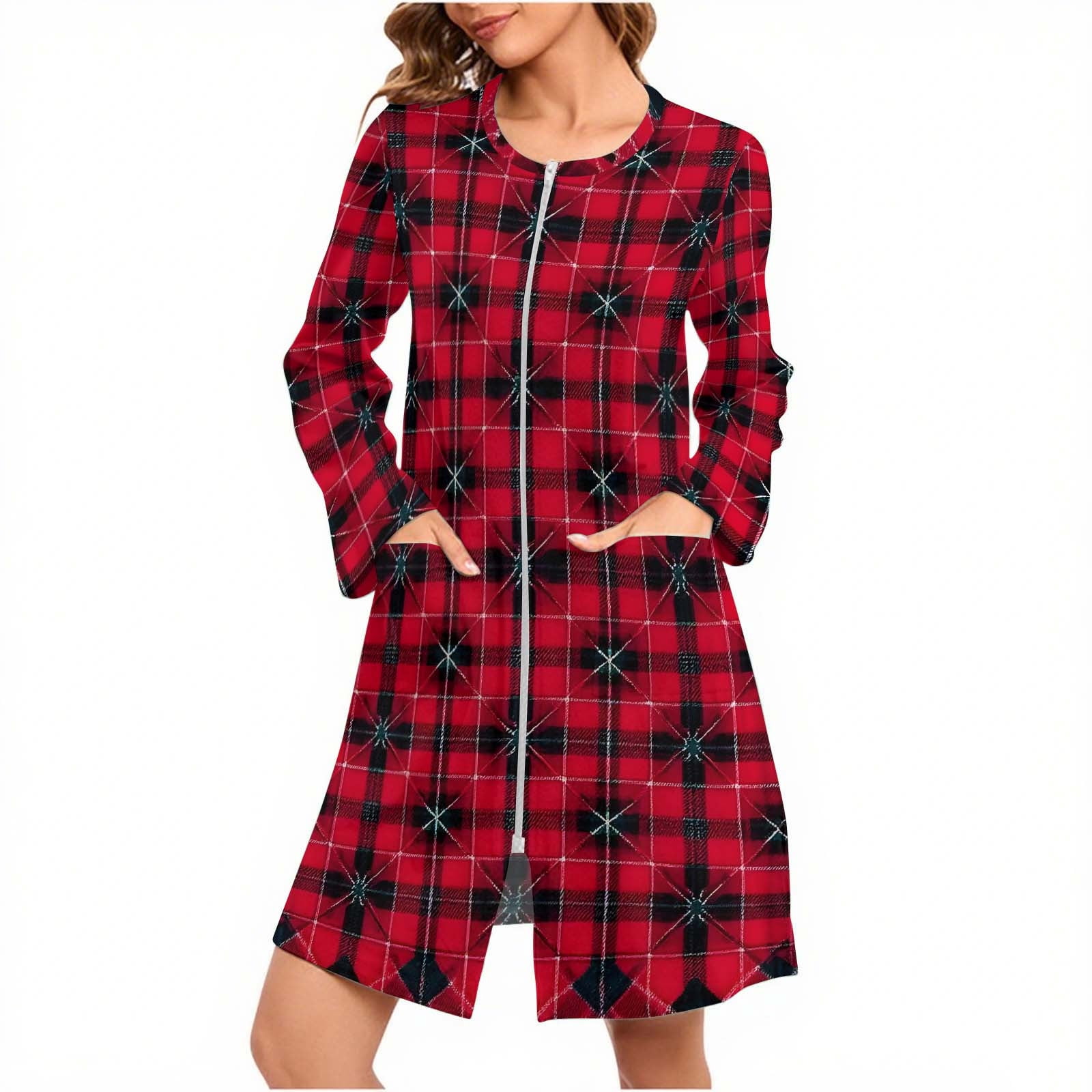 Christmas Zip Robe for Women Long Sleeve Plaid Snowflake Print Fleece ...