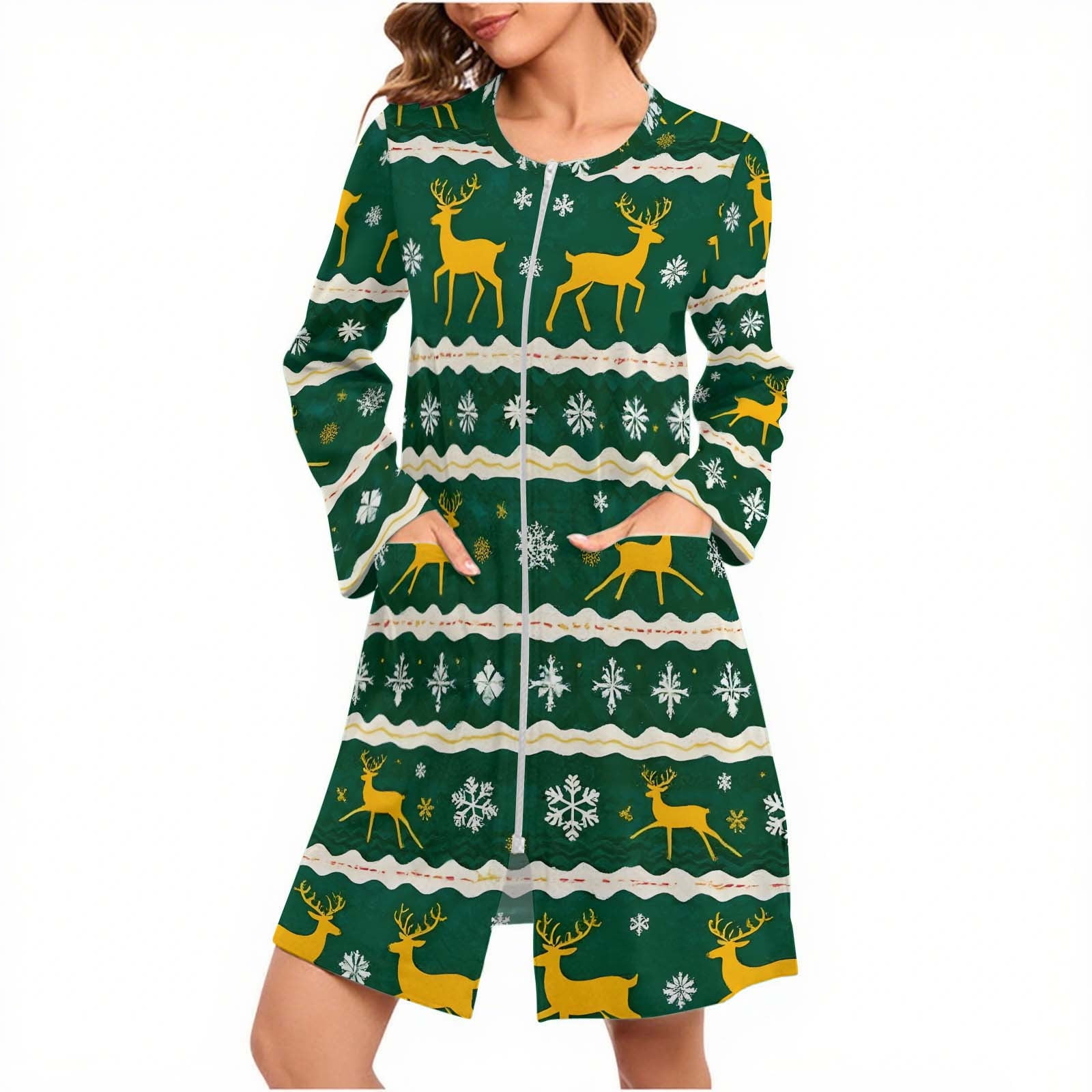 Christmas Zip Robe for Women Long Sleeve Plaid Snowflake Print Fleece ...