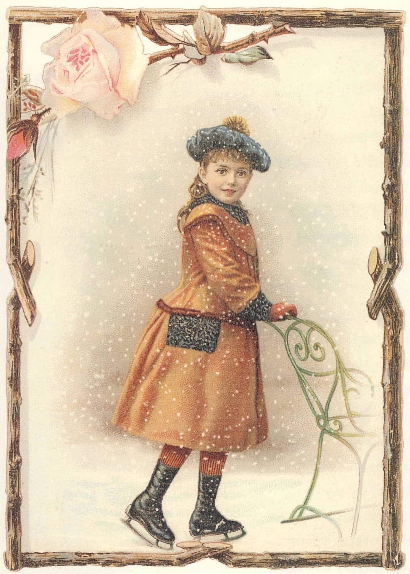 Christmas card Girl in Snow with Ice-Skates c1880 Canvas Art - (18 x 24 ...