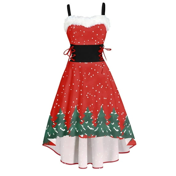 Christmas dresses for women Casual Print Spaghetti Strap Pleated Flowy ...