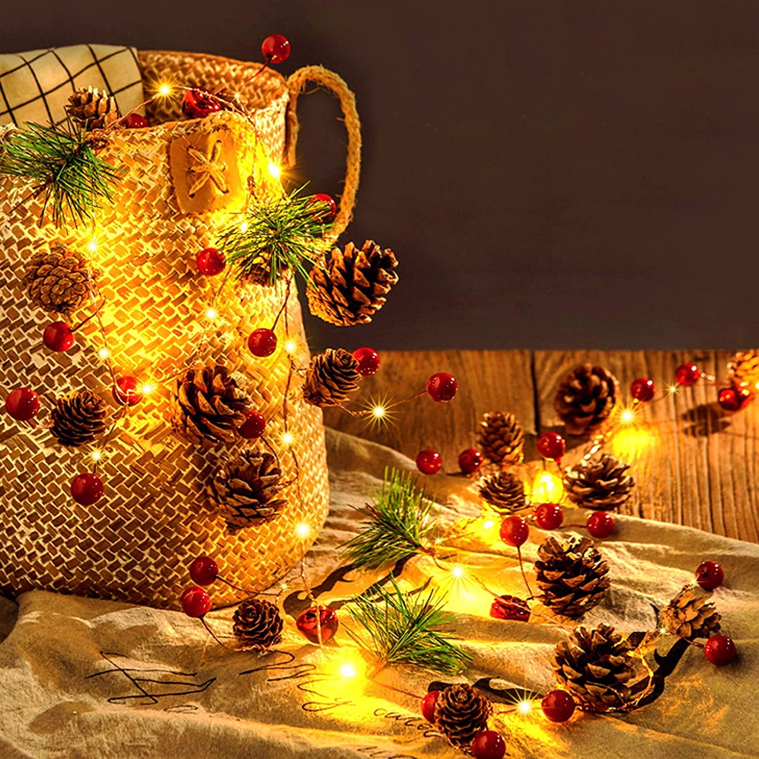 Doingart 20 LED 6.56FT Pine Cone Red Berry Garland String Lights ...
