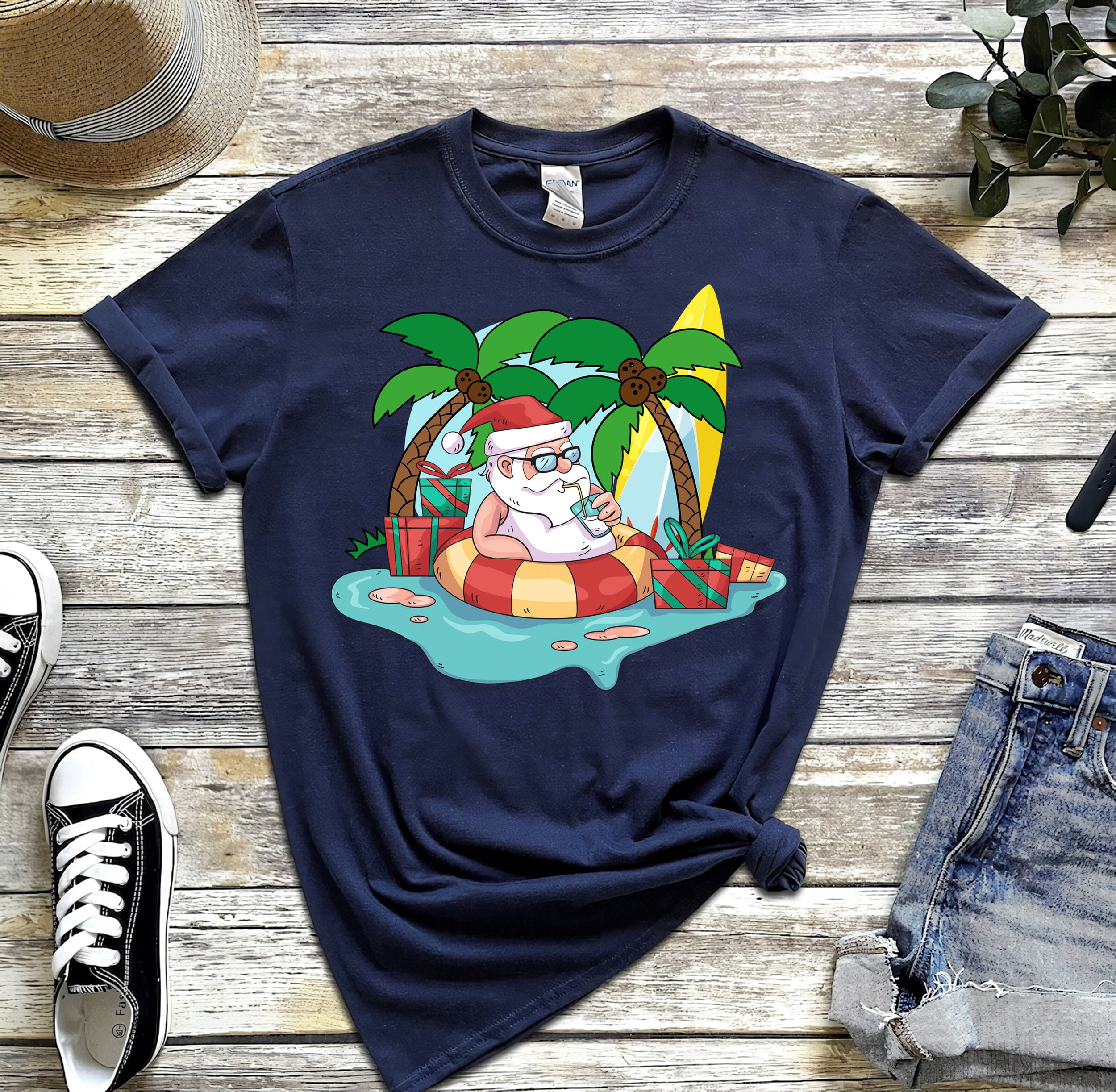 Christmas in July Santa Surfing T-Shirt, Hawaiian Summer Xmas - Walmart.com