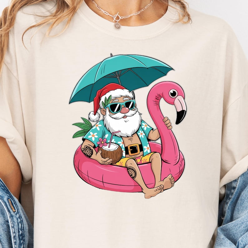 Christmas in July Santa T-Shirt, Tropical Holiday T-Shirt, Summer Santa ...