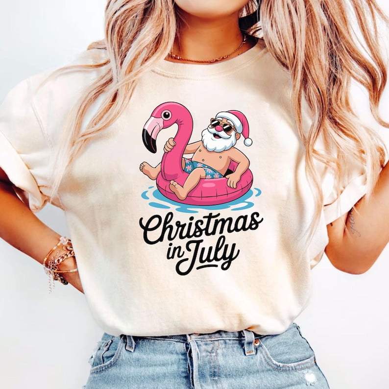 Christmas in July T-Shirt for Women, Tropical Santa Summer Graphic Tee ...
