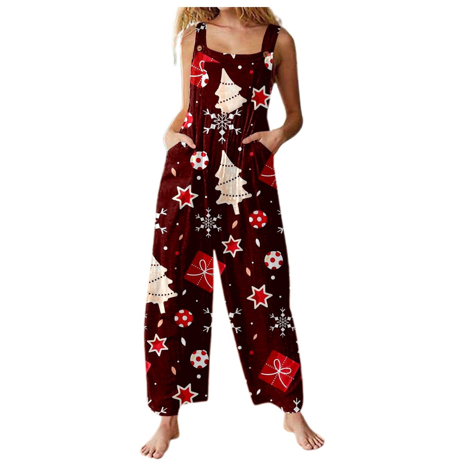 Christmas jumpsuit for women Casual Print Jumpsuit With Buttons And ...