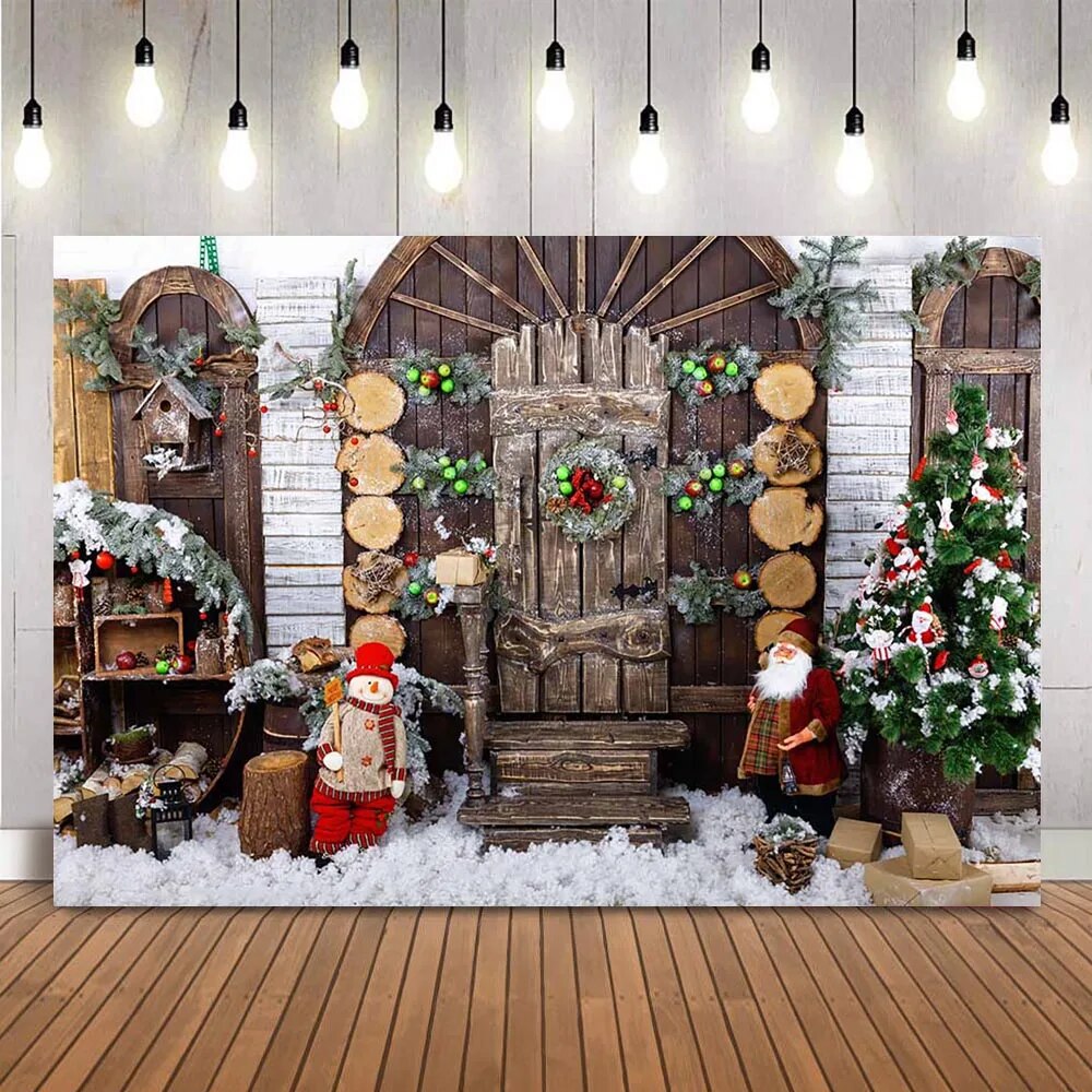Christmas photography backdrop wood door winter snowflake photo booth ...