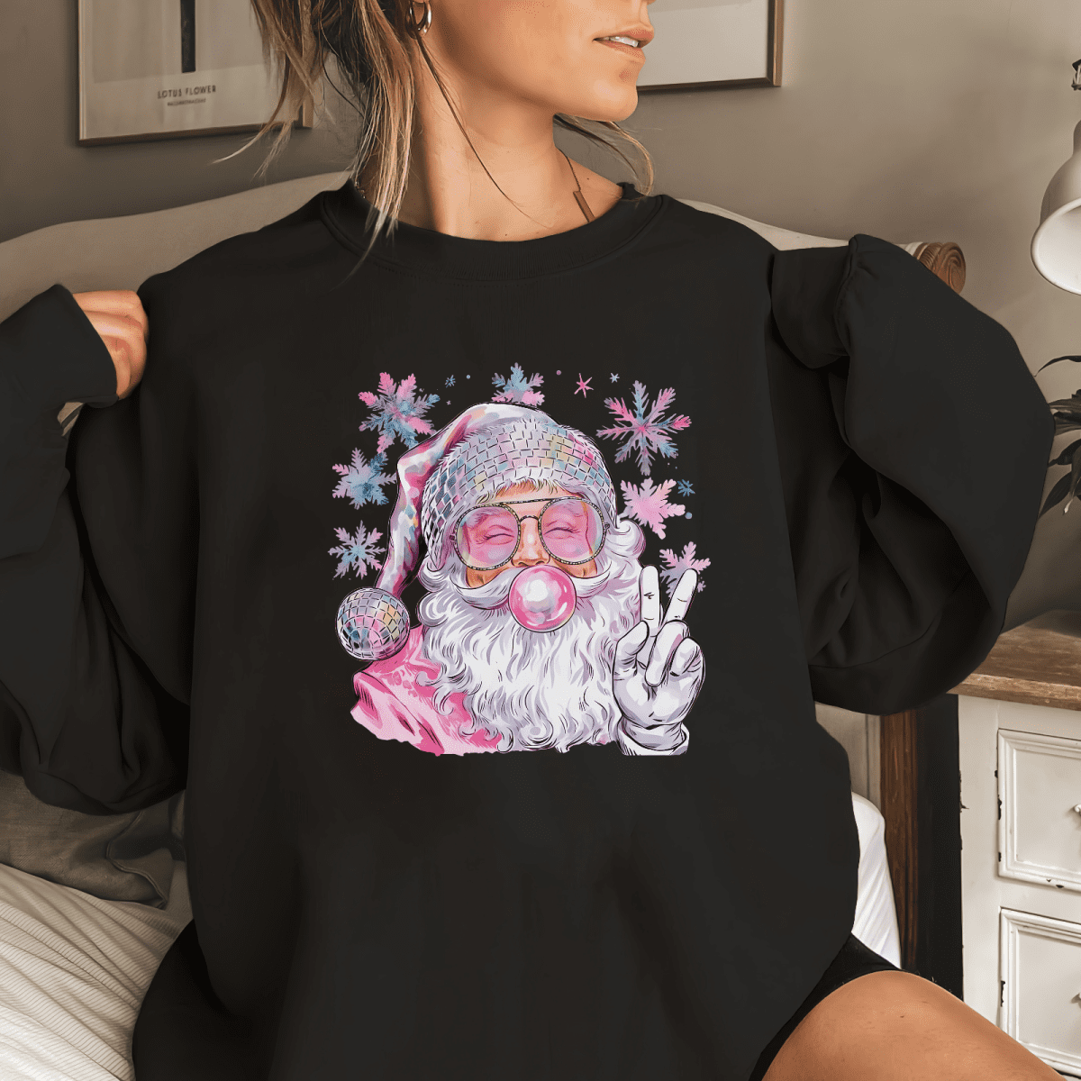 Christmas pink bubble-blowing Santa Claus, Round-neck long-sleeved ...