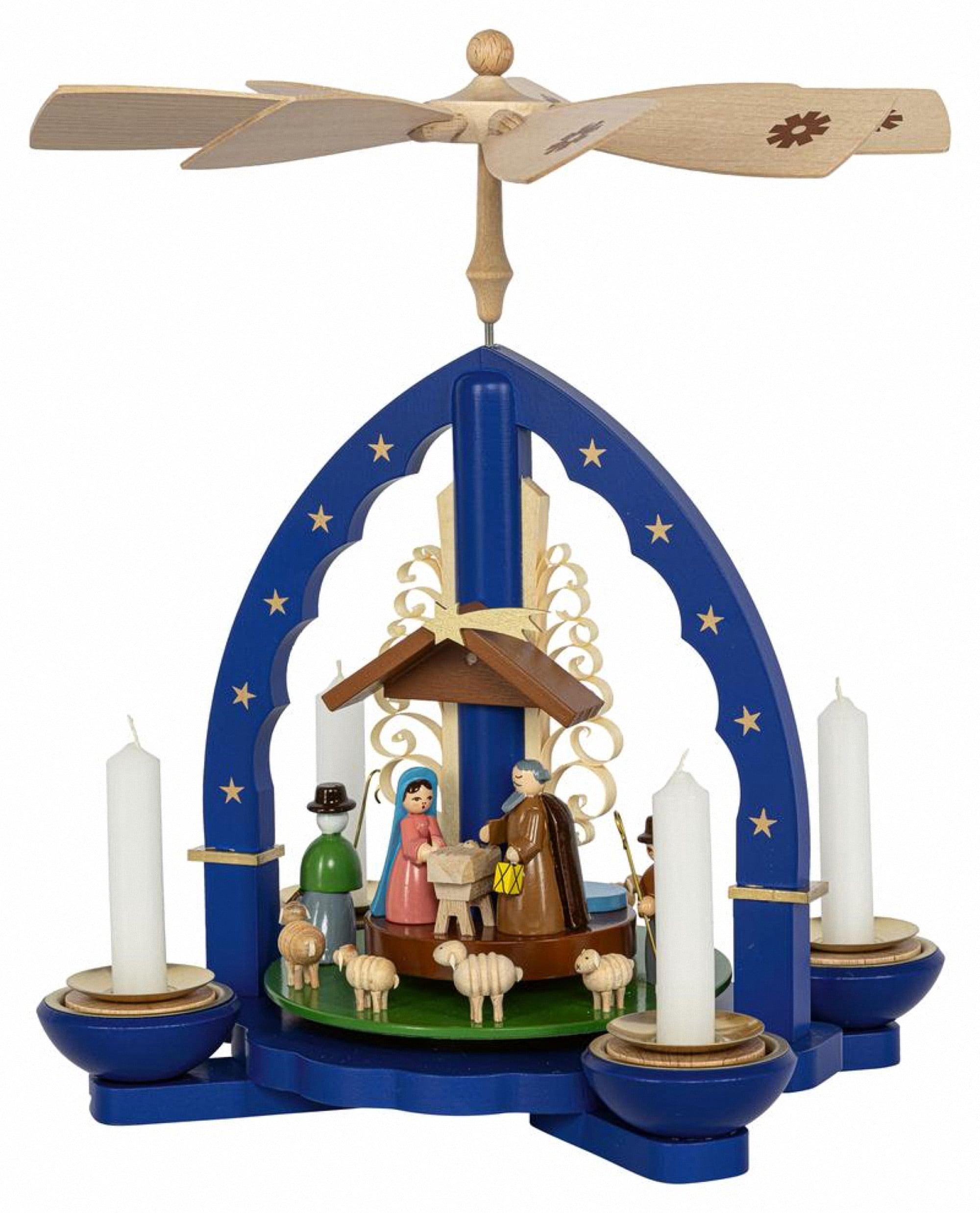 Christmas pyramid Nativity blue for tea light and candles, 27 cm / 11 ...