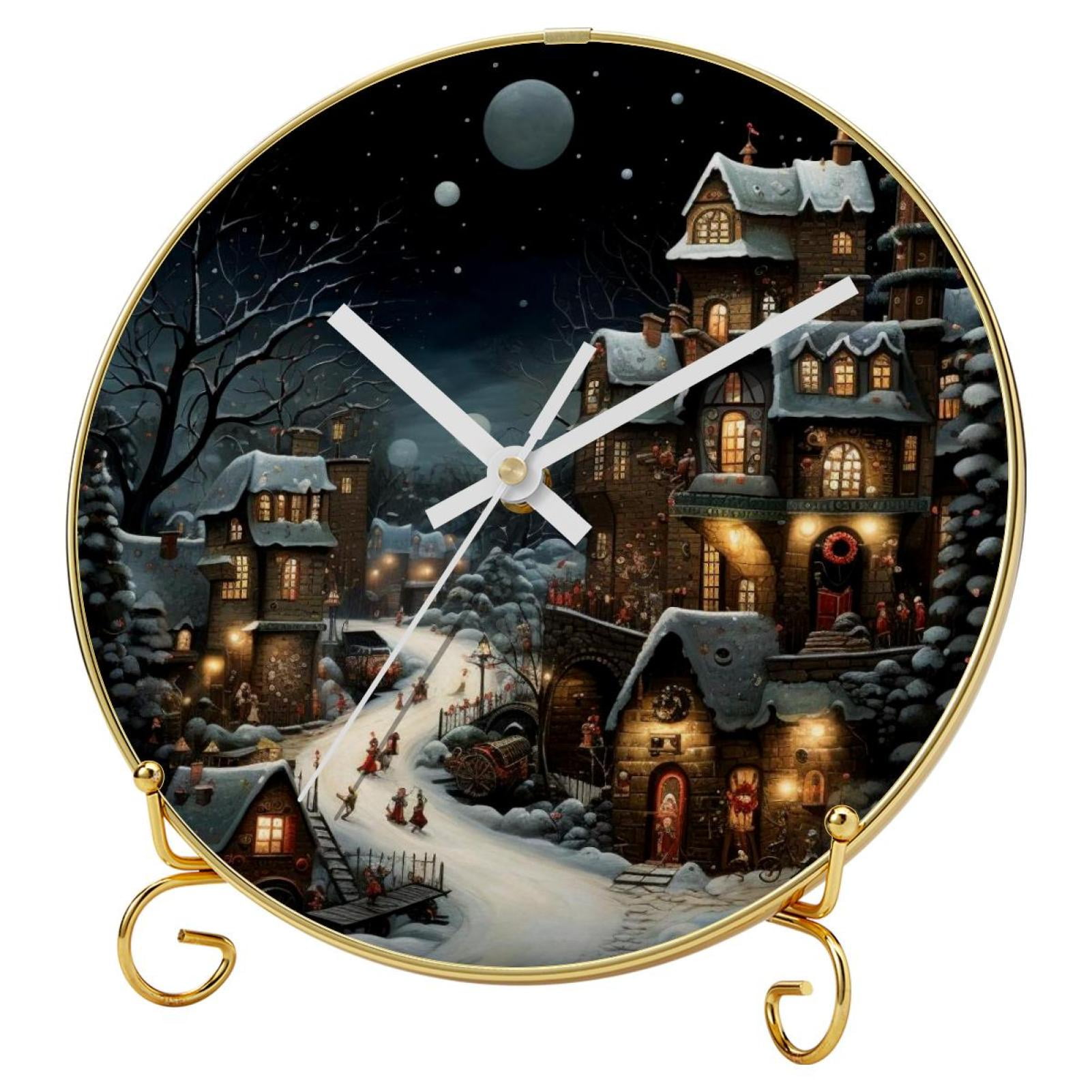 Christmas retro Round Wall Clock with Printed Design, Hooks and Gold ...