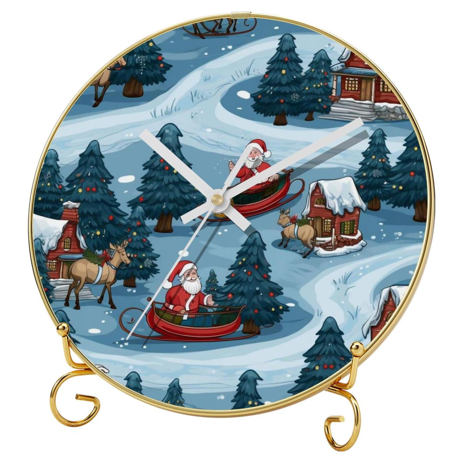 Christmas sled Round Printed Wall Clock with Hooks and Gold Stand ...