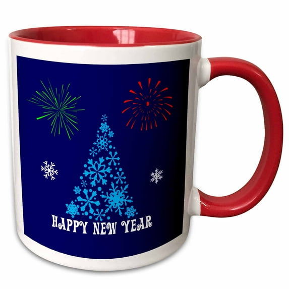 Christmas tree of blue snowflakes, fireworks, text Happy New Year 15oz ...