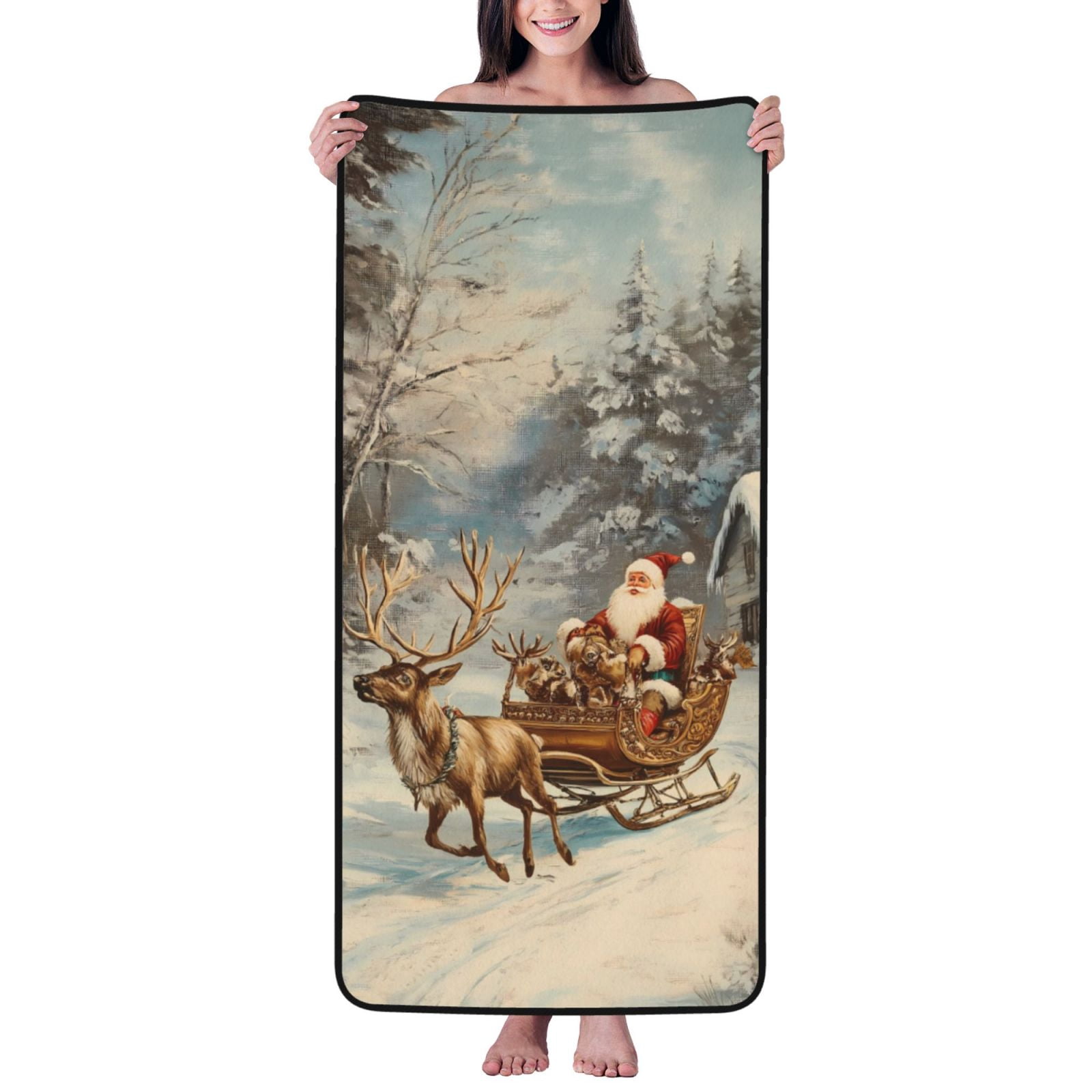 Christmas vintage reindeer sleigh Cotton Bath Towels for Bathroom ...