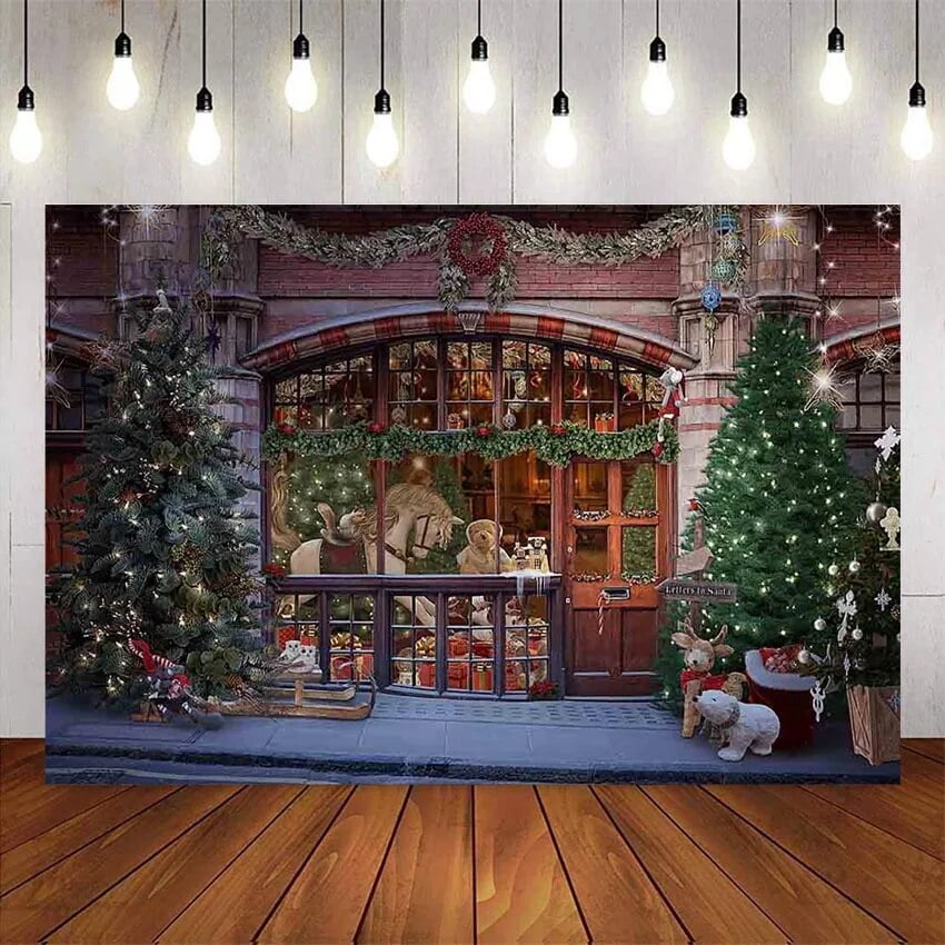 Christmas windows photography backdrop horse bear red X-mas decoration ...