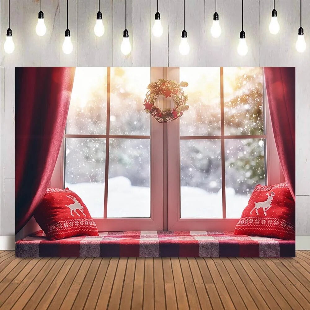 Christmas winter windows photography backdrop red curtrain snowflake ...