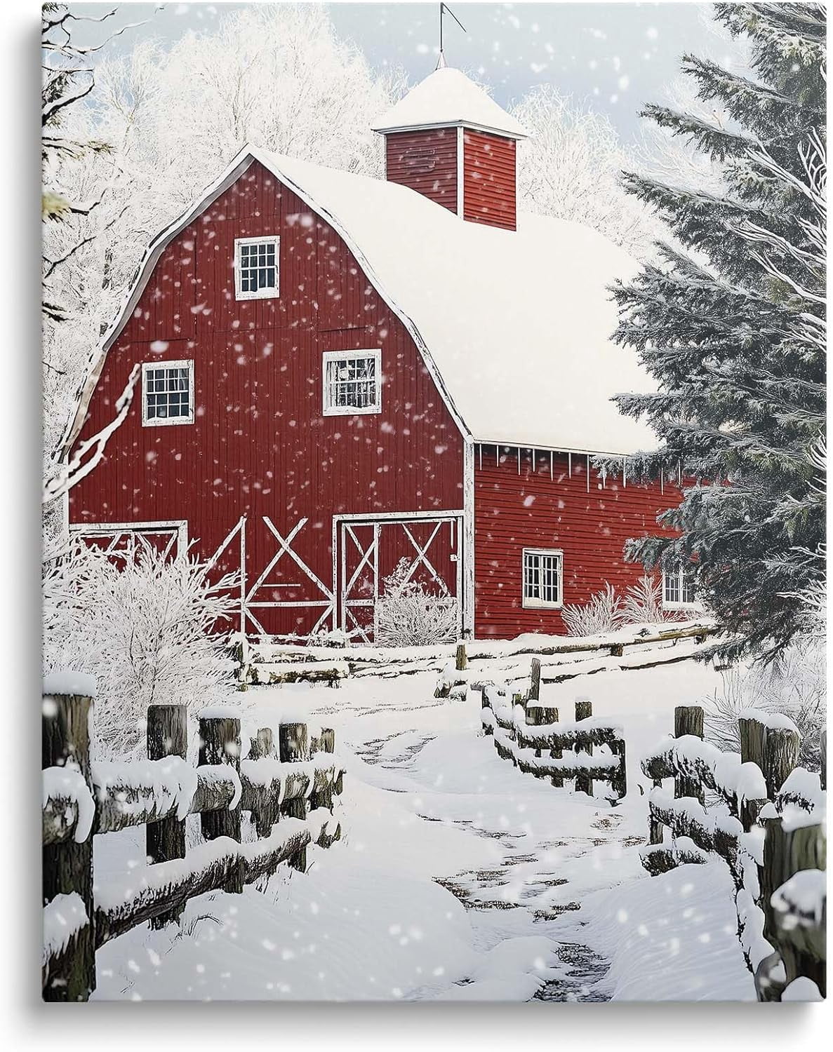 ChristmasCanvas Wall Art Decor with Farm, Red Walls, Snowy Road and ...