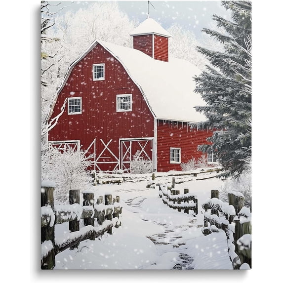 ChristmasCanvas Wall Art Decor with Farm, Red Walls, Snowy Road and ...