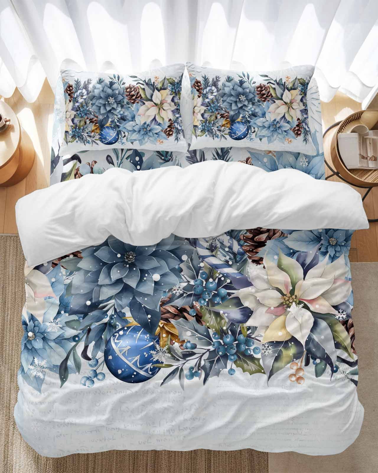 Christmasf Flower Bedding Duvet Cover Set 4 Piece Full Blue Poinsettia ...