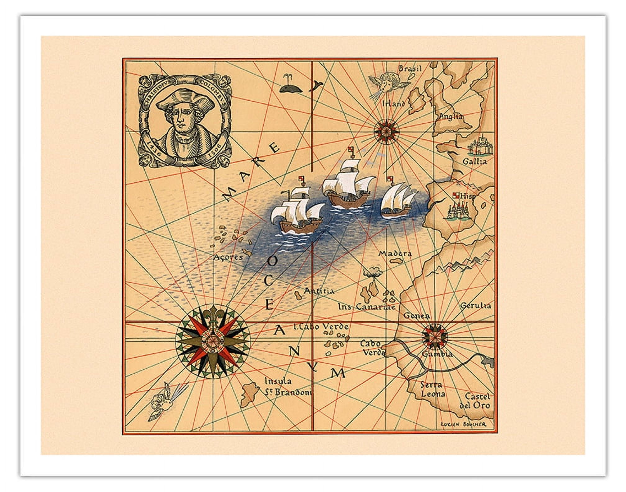 Christopher Colombus 1436-1506 - Trans-Atlantic Map - Vintage Pictorial ...