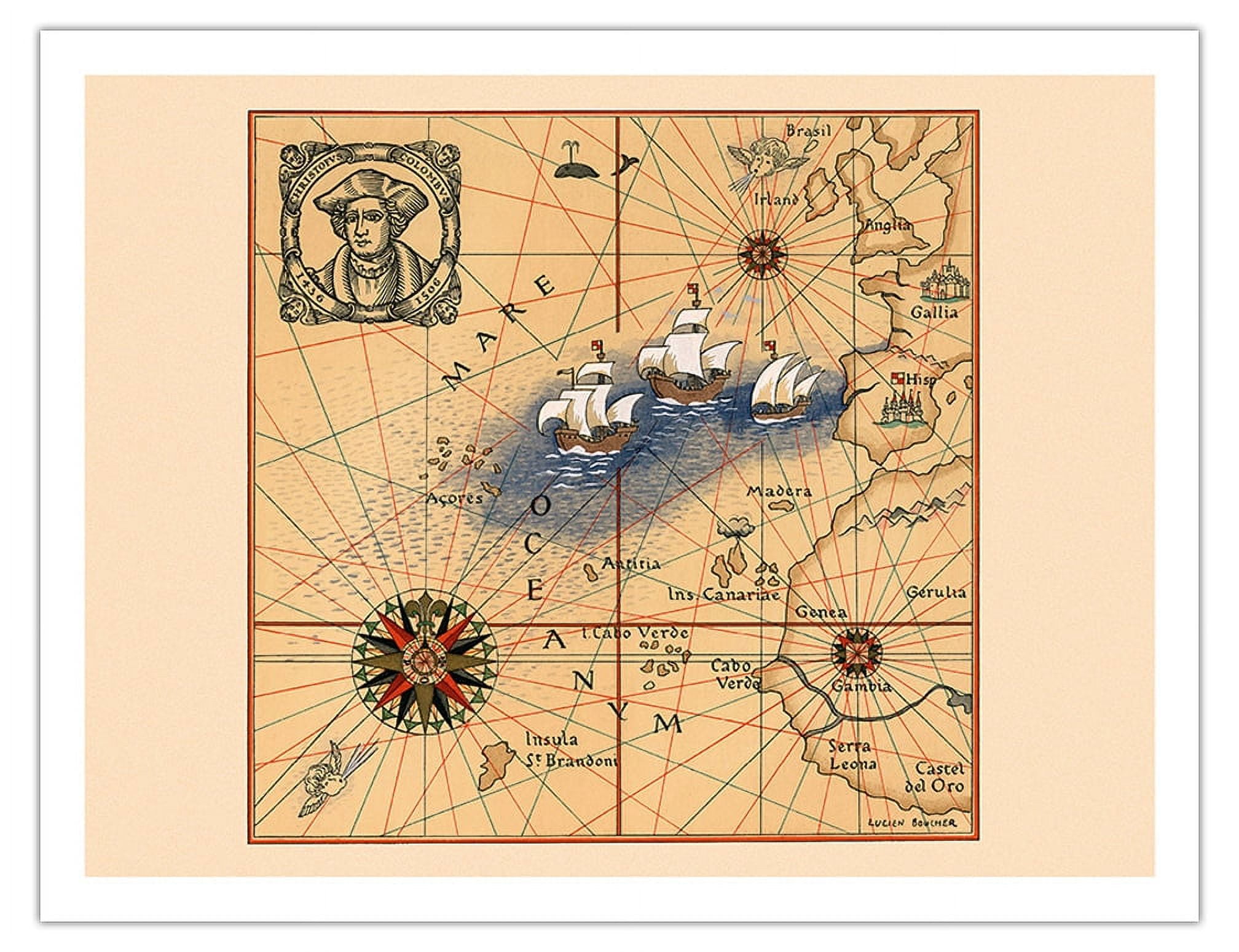 Christopher Colombus 1436-1506 - Trans-Atlantic Map - Vintage Pictorial ...