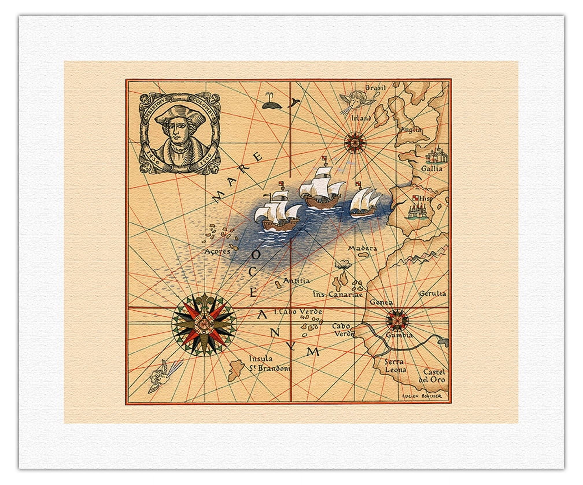 Christopher Colombus 1436-1506 - Trans-Atlantic Map - Vintage Pictorial Map by Lucien Boucher c ...